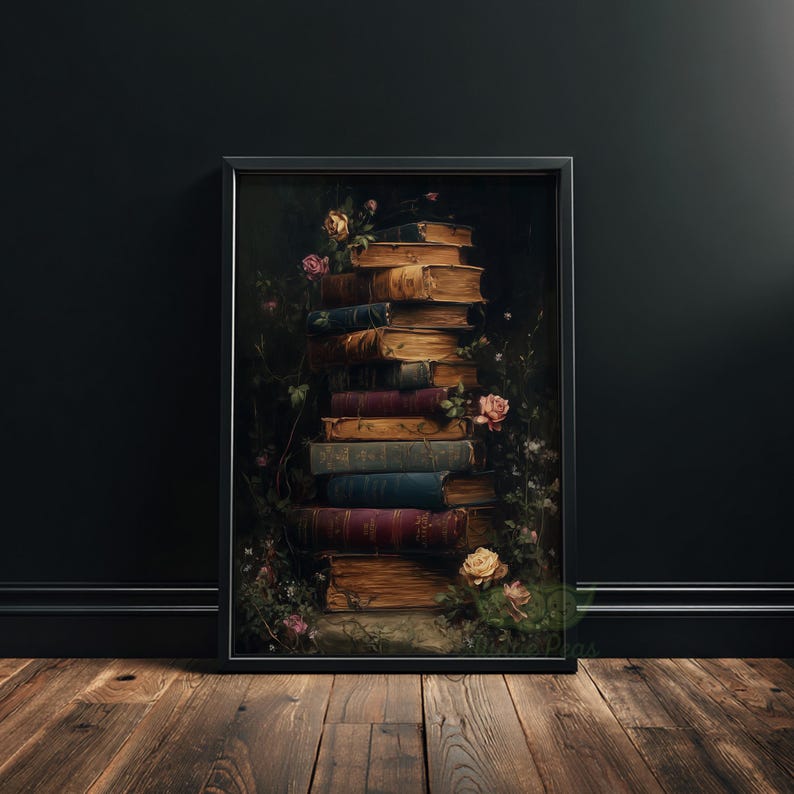 Dark Academia Library Wall Art, Antique Vintage Books and Roses Print ...