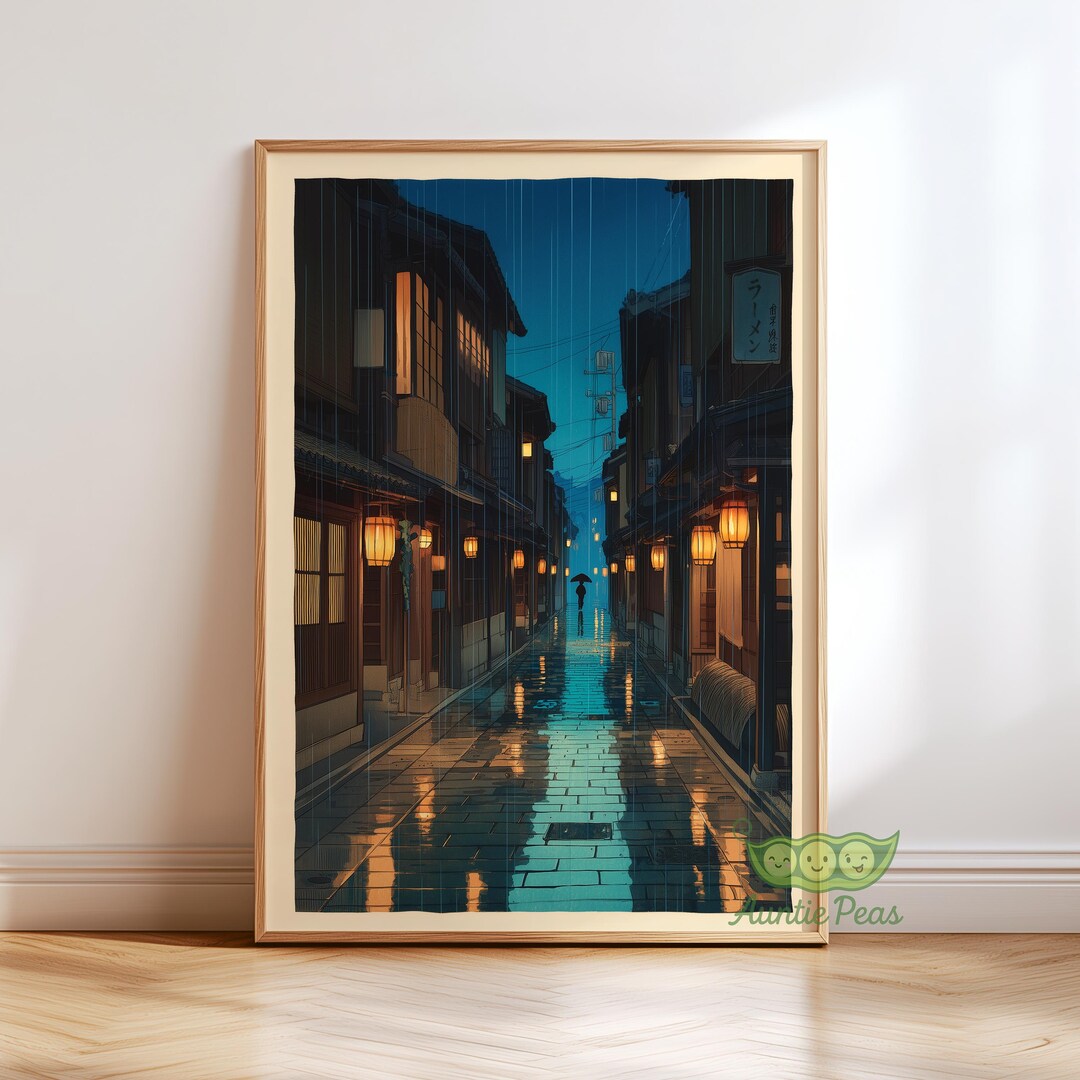 Rainy Japanese Street Wall Art, Lantern Alley Night Print, Vintage ...