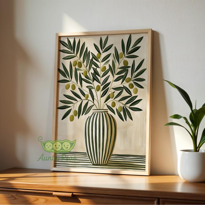 Olive Branch Wall Art, Mediterranean Botanical Print, Olive Tree Vase ...