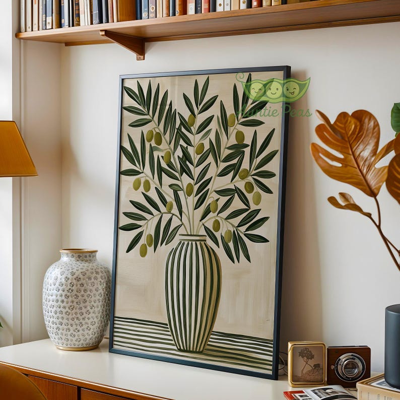 Olive Branch Wall Art, Mediterranean Botanical Print, Olive Tree Vase ...