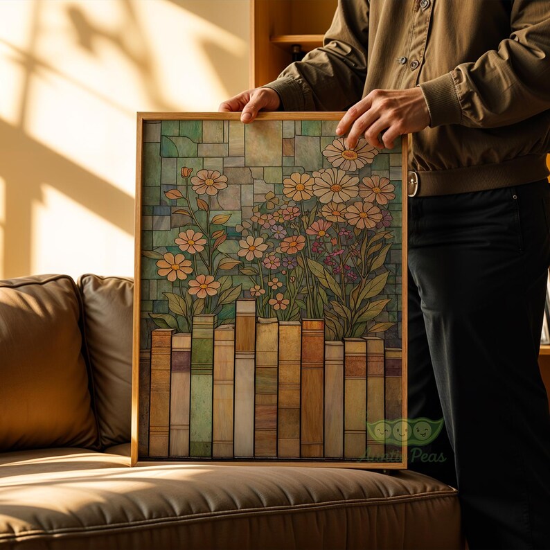 Stained Glass Bookshelf Wildflower Wall Art, Vintage Floral Book Lover ...