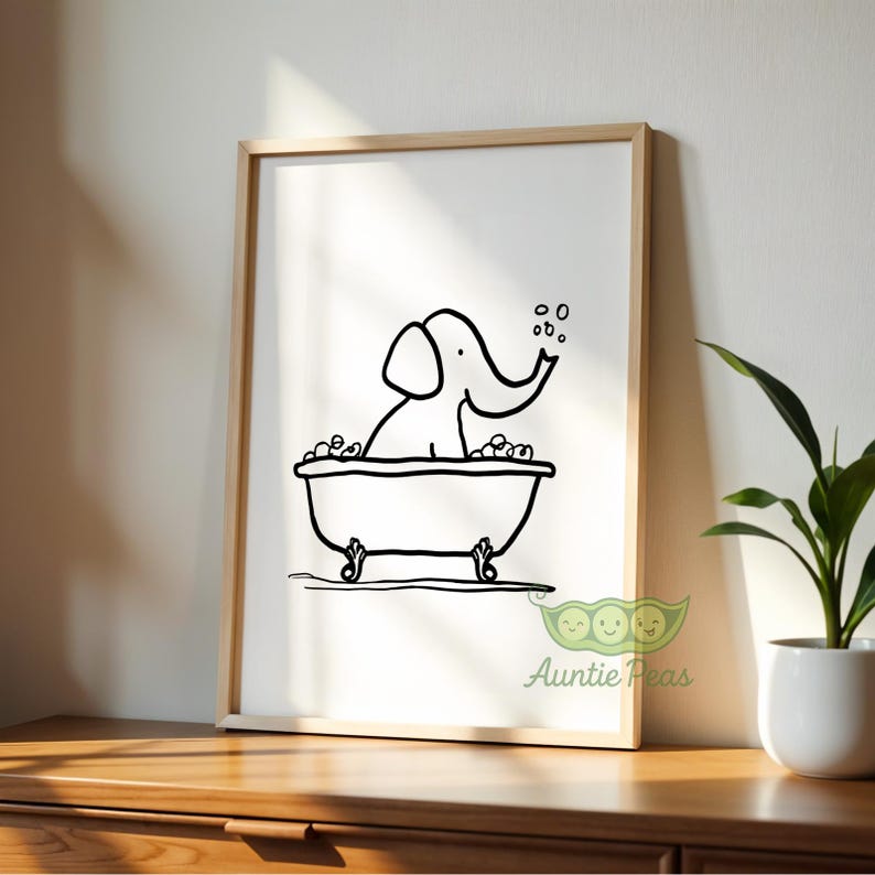 Elephant Bath Wall Art, Funny Bathroom Animal Print, Minimalist Picasso ...