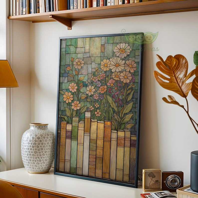 Stained Glass Bookshelf Wildflower Wall Art, Vintage Floral Book Lover ...