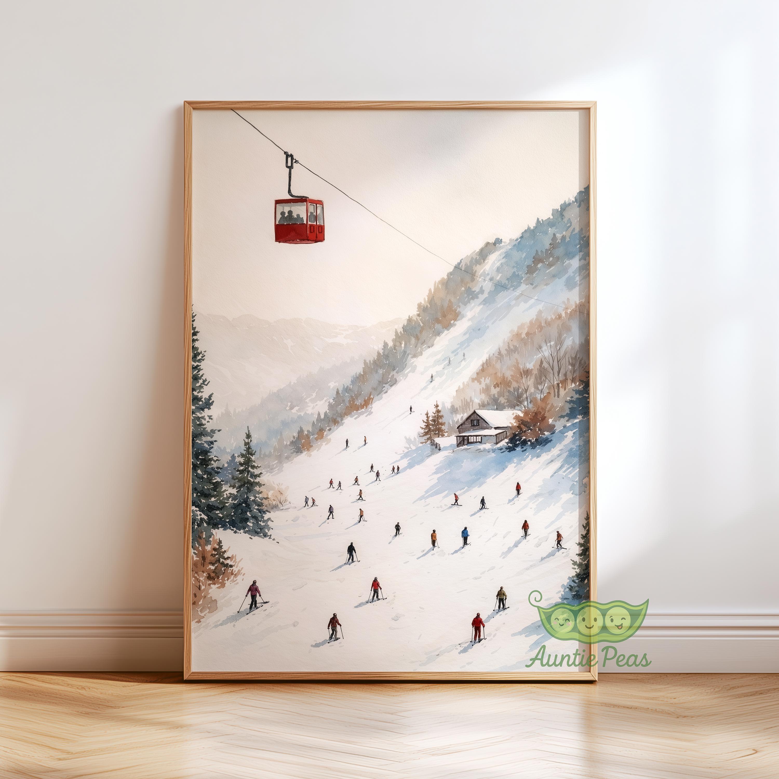 Vintage Ski Slope Wall Art, Winter Ski Lift Painting, Alpine Mountain ...