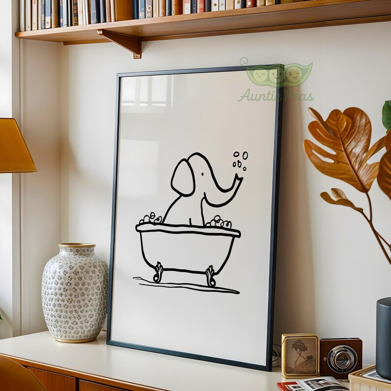 Elephant Bath Wall Art, Funny Bathroom Animal Print, Minimalist Picasso ...
