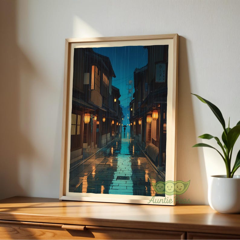 Rainy Japanese Street Wall Art, Lantern Alley Night Print, Vintage ...