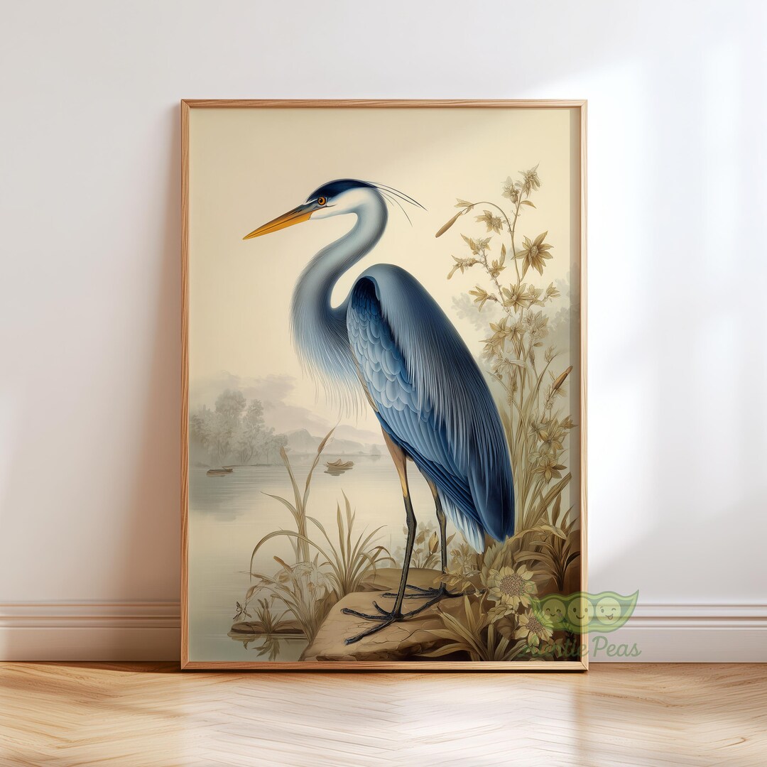 Vintage Great Heron Art Print, Elegant Bird Wall Art, Botanical ...