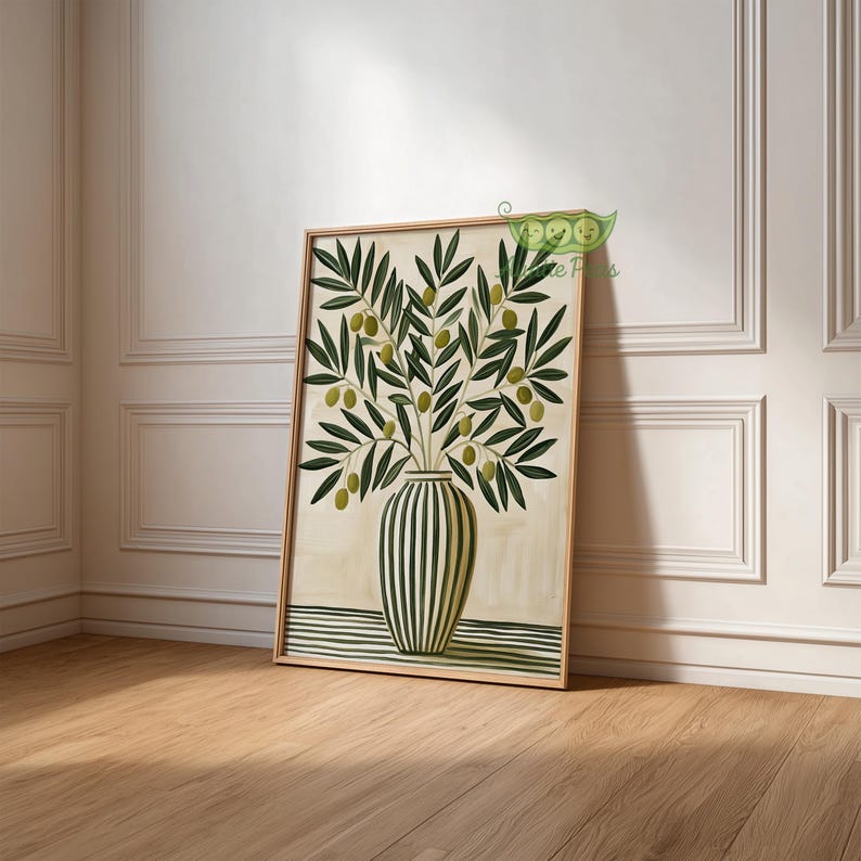 Olive Branch Wall Art, Mediterranean Botanical Print, Olive Tree Vase ...
