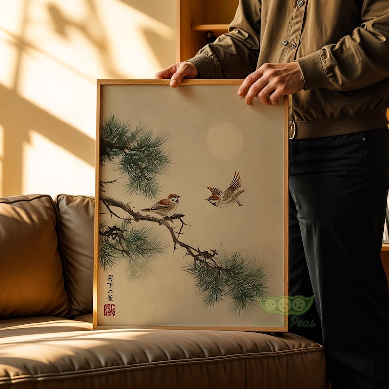 Japanese Sparrows Wall Art, Zen Pine Tree Print, Ancient Asian Nature ...