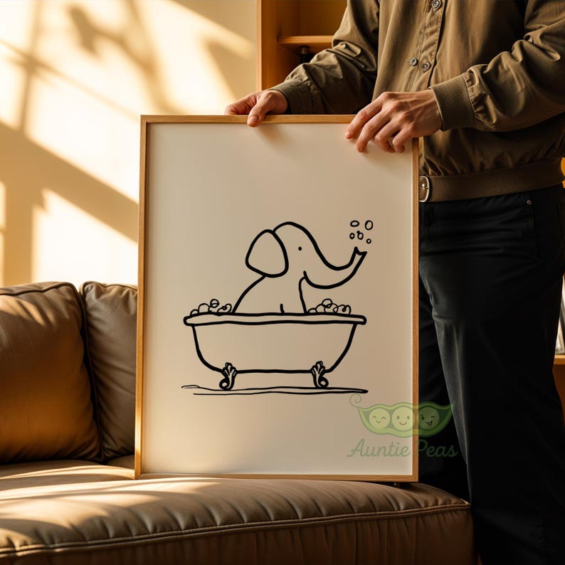 Elephant Bath Wall Art, Funny Bathroom Animal Print, Minimalist Picasso ...