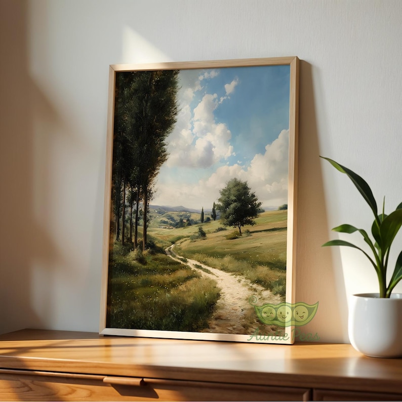 Vintage Countryside Landscape Wall Art, Rustic Farmhouse Painting Print ...