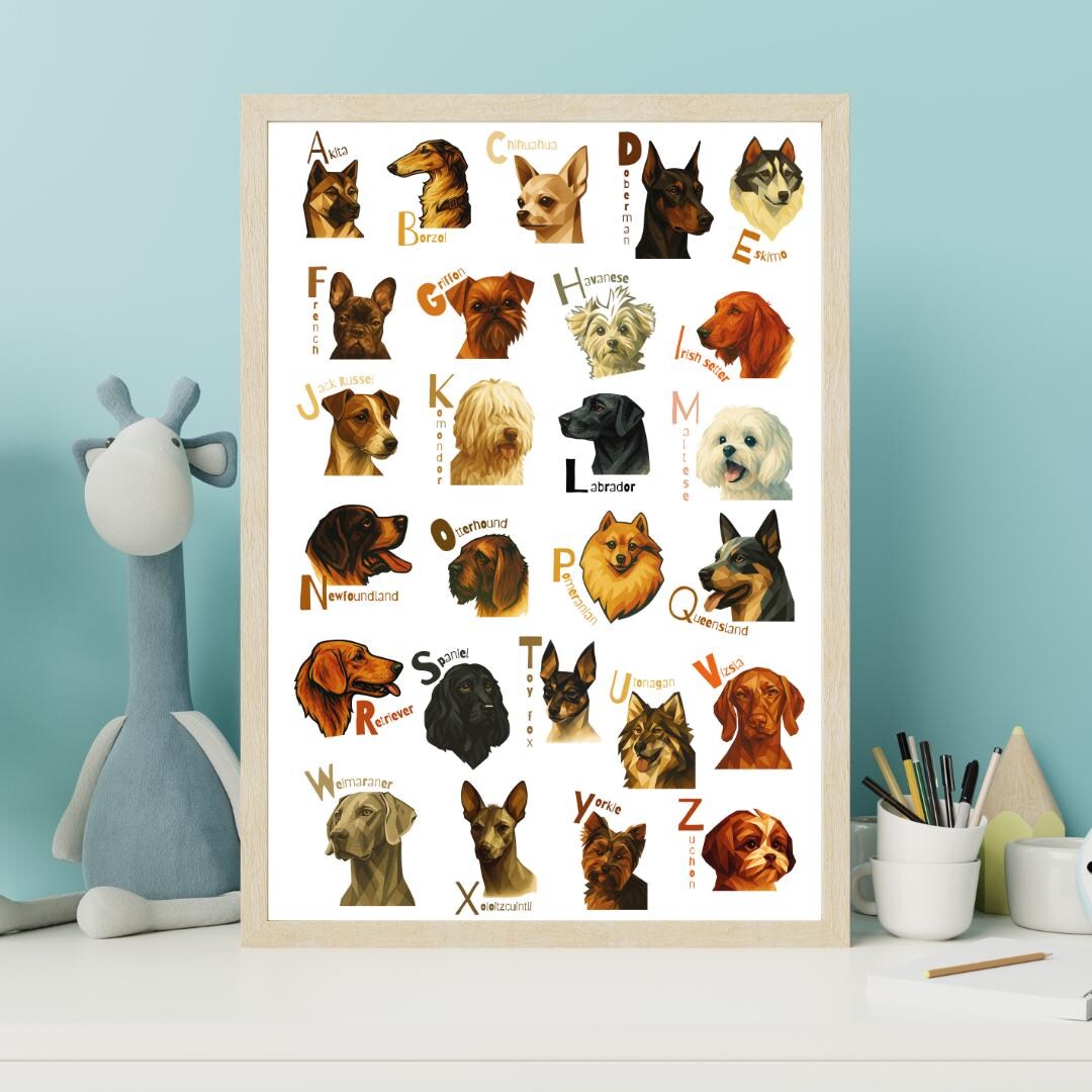 Dog Alphabet Poster Printable A to Z Dog Breeds Wall Art Nursery Kids ...