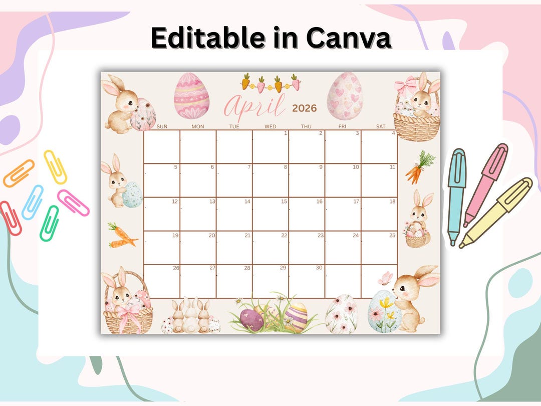 Editable Easter Planner April 2026 | Cute Bunny Monthly Calendar ...