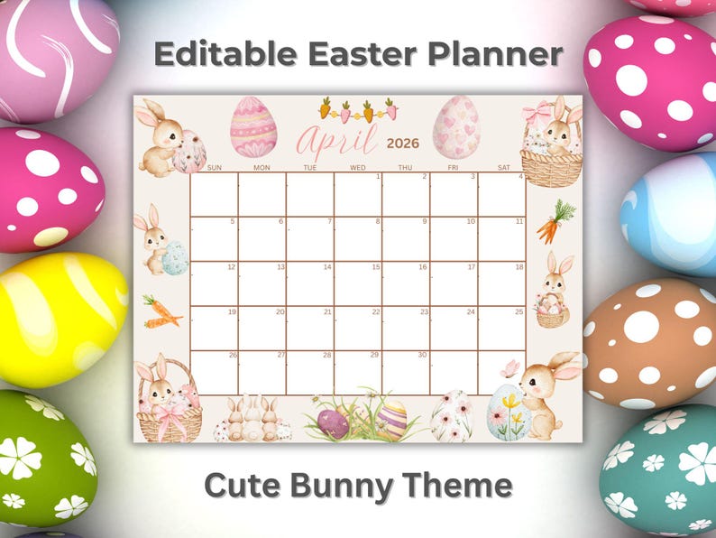 Editable Easter Planner April 2026 | Cute Bunny Monthly Calendar ...