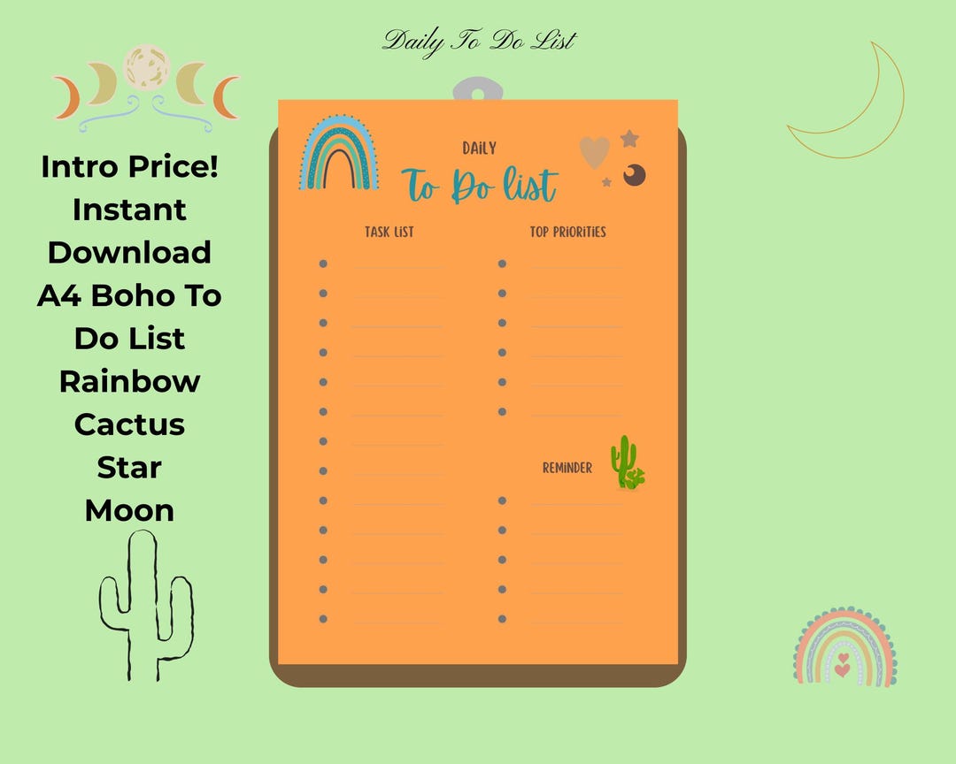 Boho Daily to Do List Printable / A4 PDF Planner Page / Rainbow Cactus ...