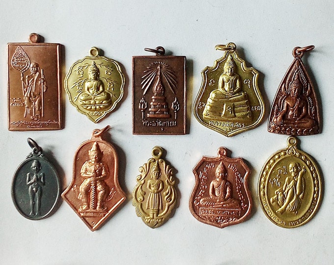 10 Thai Buddhist Buddha Buddhism Lucky Charms Amulet Pendants Set Blessed Brass Medallions Thai ...