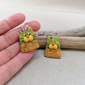 Yellow Cats Earrings Handmade, Cats Jewelry in Polymer Clay, Dangle Earrings, Gift for Cats ...