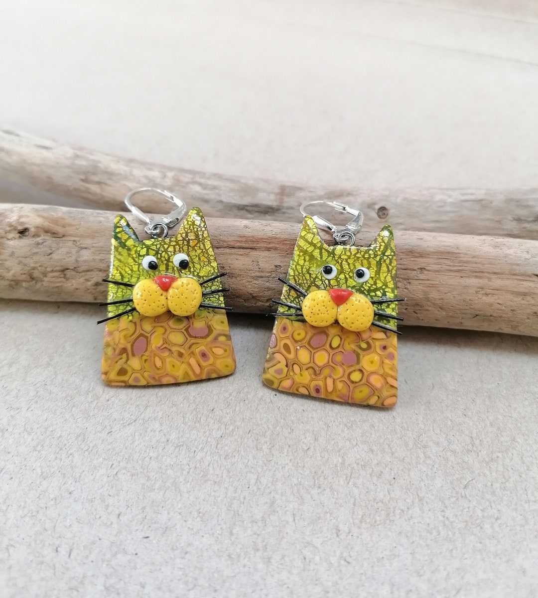 Yellow Cats Earrings Handmade, Cats Jewelry in Polymer Clay, Dangle Earrings, Gift for Cats ...