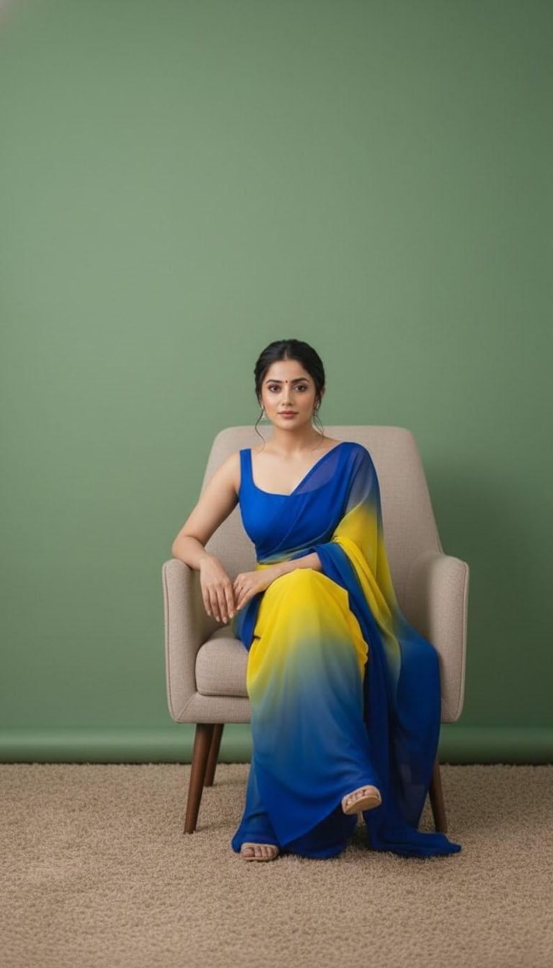 Blue and Yellow Color Bollywood Georgette Women Saree - Etsy