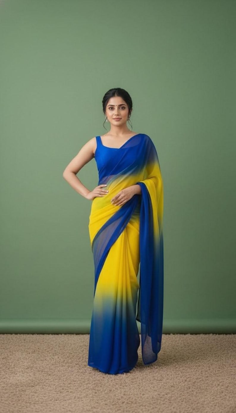 Blue and Yellow Color Bollywood Georgette Women Saree - Etsy