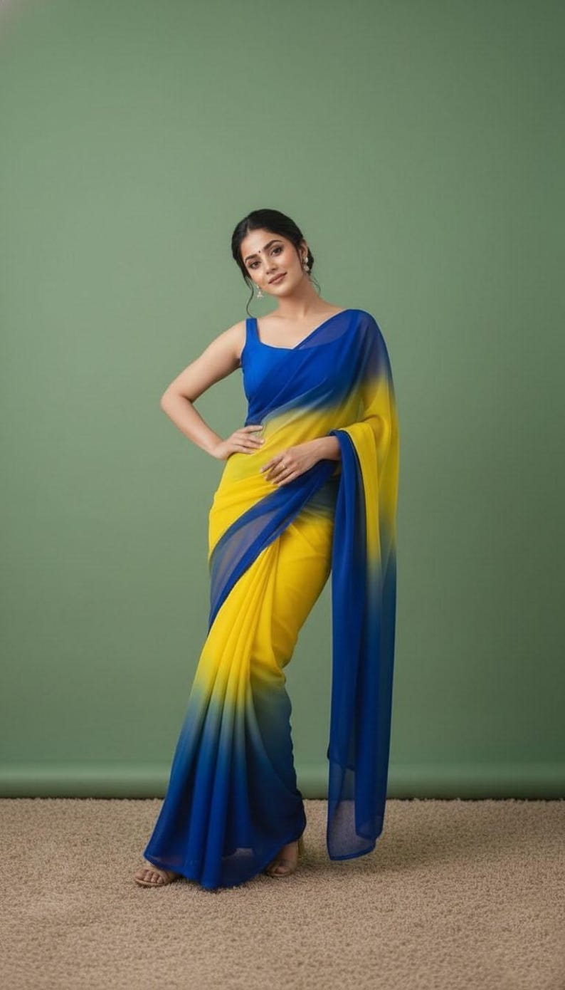 Blue and Yellow Color Bollywood Georgette Women Saree - Etsy