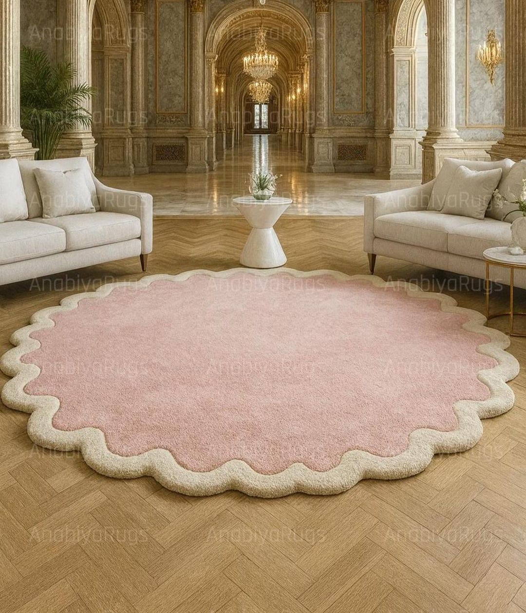 Pink Beige Scalloped Round Rug, Luxury Handmade Wool Carpet, Modern ...