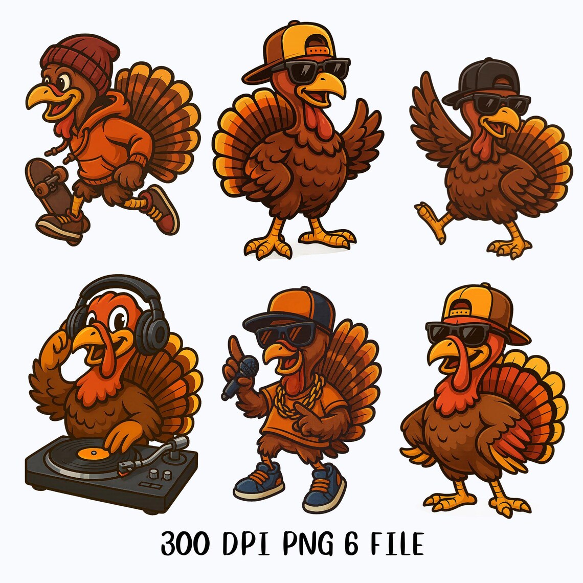 Hip Hop Turkey Clipart Set | Cool Thanksgiving Turkey PNG | Skateboard ...