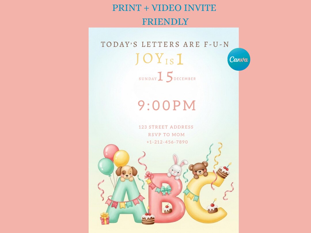 Alphabet Birthday Invitation – Editable Alphabet Invite for Kids – 5x7 ...
