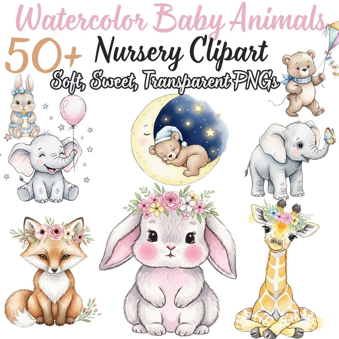 Watercolor Baby Animals Clipart – Nursery Animal PNG Set, Baby Safari ...