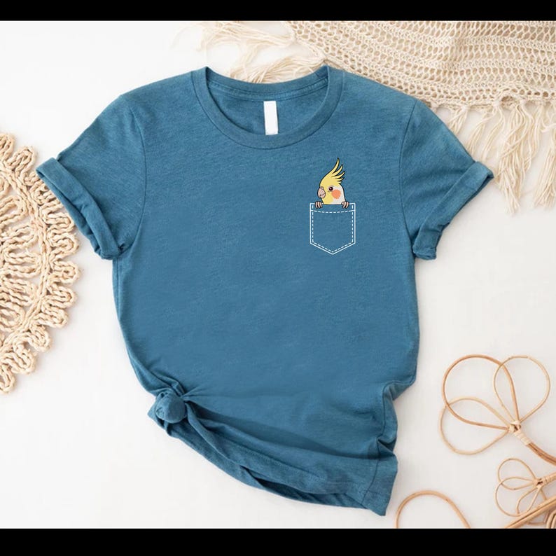 Pocket Bird Illustration Tee, Minimal Animal Line Art Top, Small Parrot ...