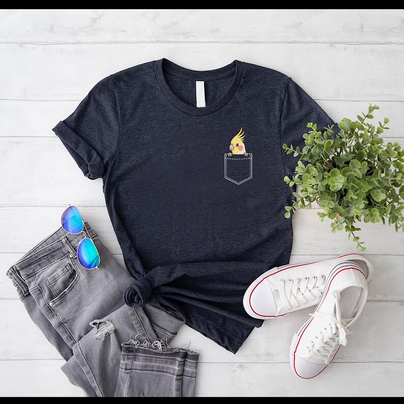 Pocket Bird Illustration Tee, Minimal Animal Line Art Top, Small Parrot ...