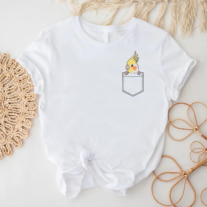 Pocket Bird Illustration Tee, Minimal Animal Line Art Top, Small Parrot ...