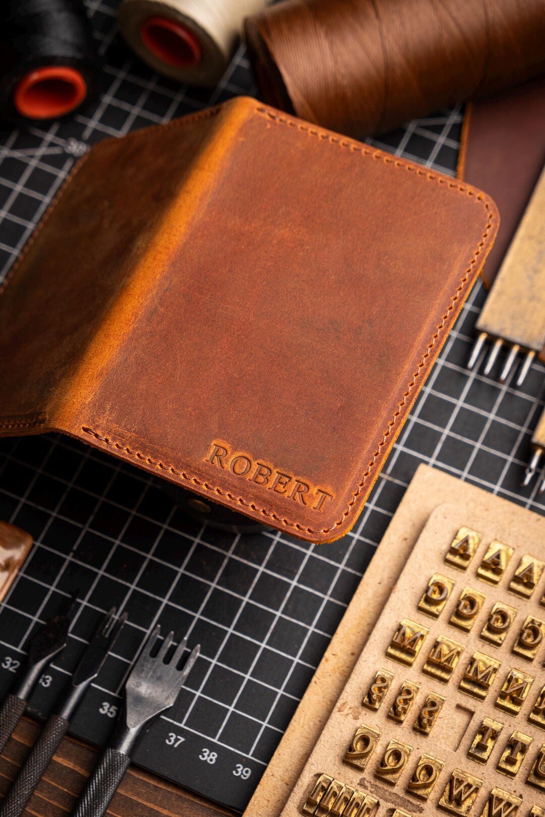 Camel Full-grain Leather Wallet, Personalized Slim Card Holder, Custom ...