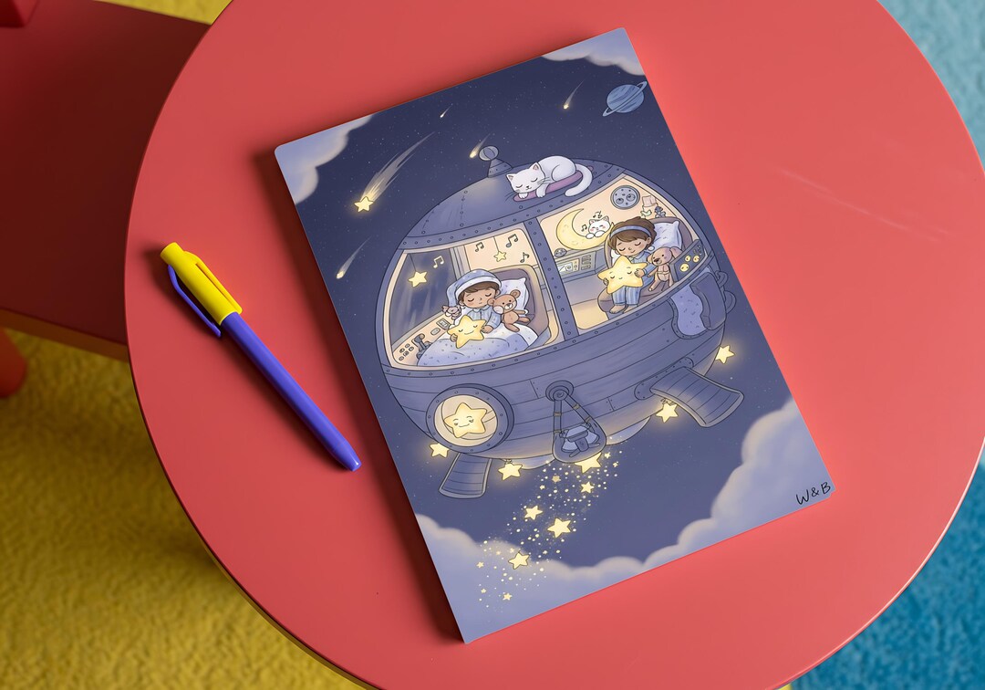 Sleepy Starship Wall Art – Cozy Space Nursery Print – Bedtime Rocket ...