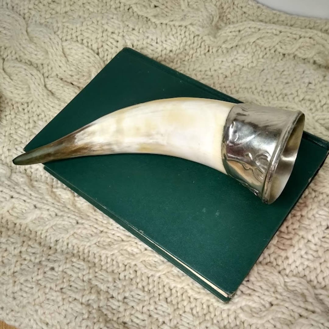 Vintage Viking-style Drinking Horn With Decorative Metal Rim – Medieval ...