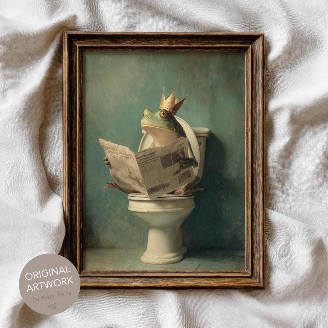 Frog With Crown Reading Newspaper on Toilet : Surreal Magritte Style ...