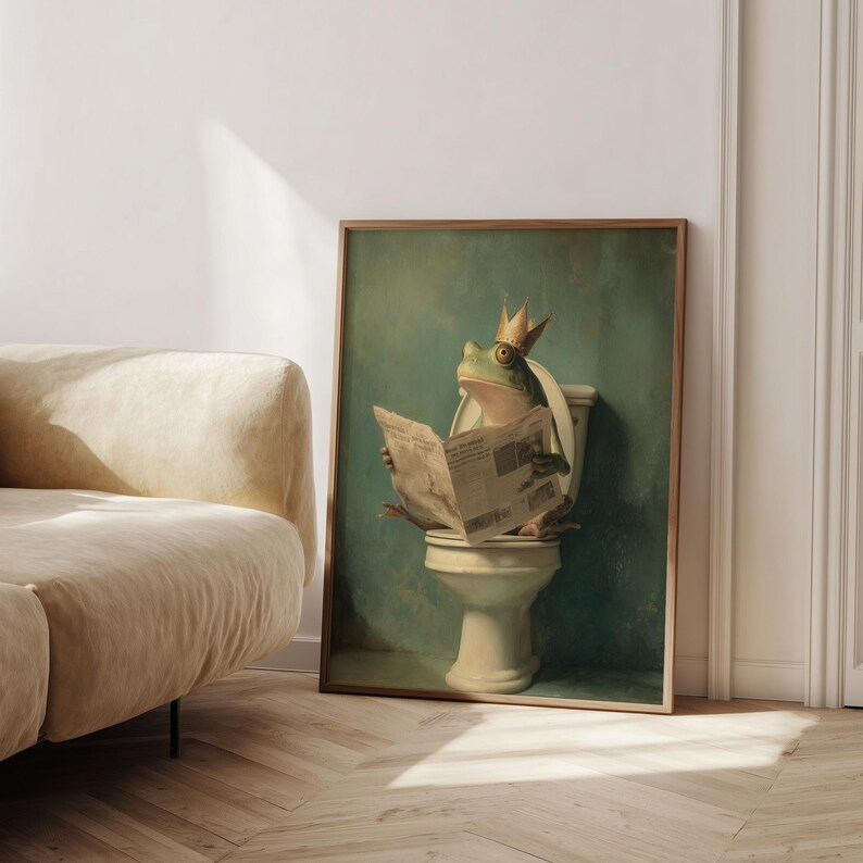 Frog With Crown Reading Newspaper on Toilet : Surreal Magritte Style ...