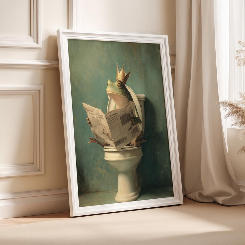 Frog With Crown Reading Newspaper on Toilet : Surreal Magritte Style ...
