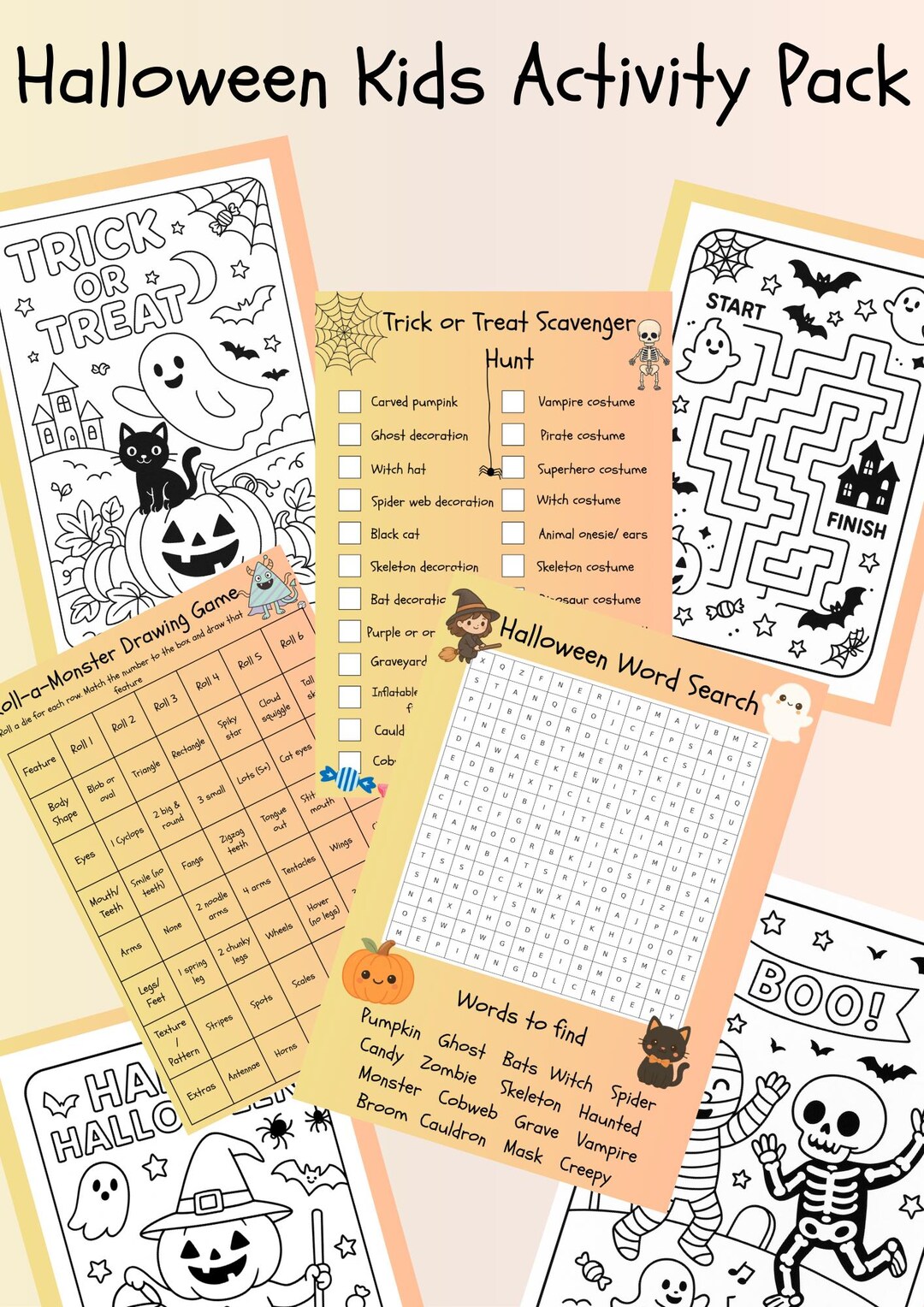 Halloween Activity Pack: Coloring, Maze, Word Search, Roll-a-monster ...