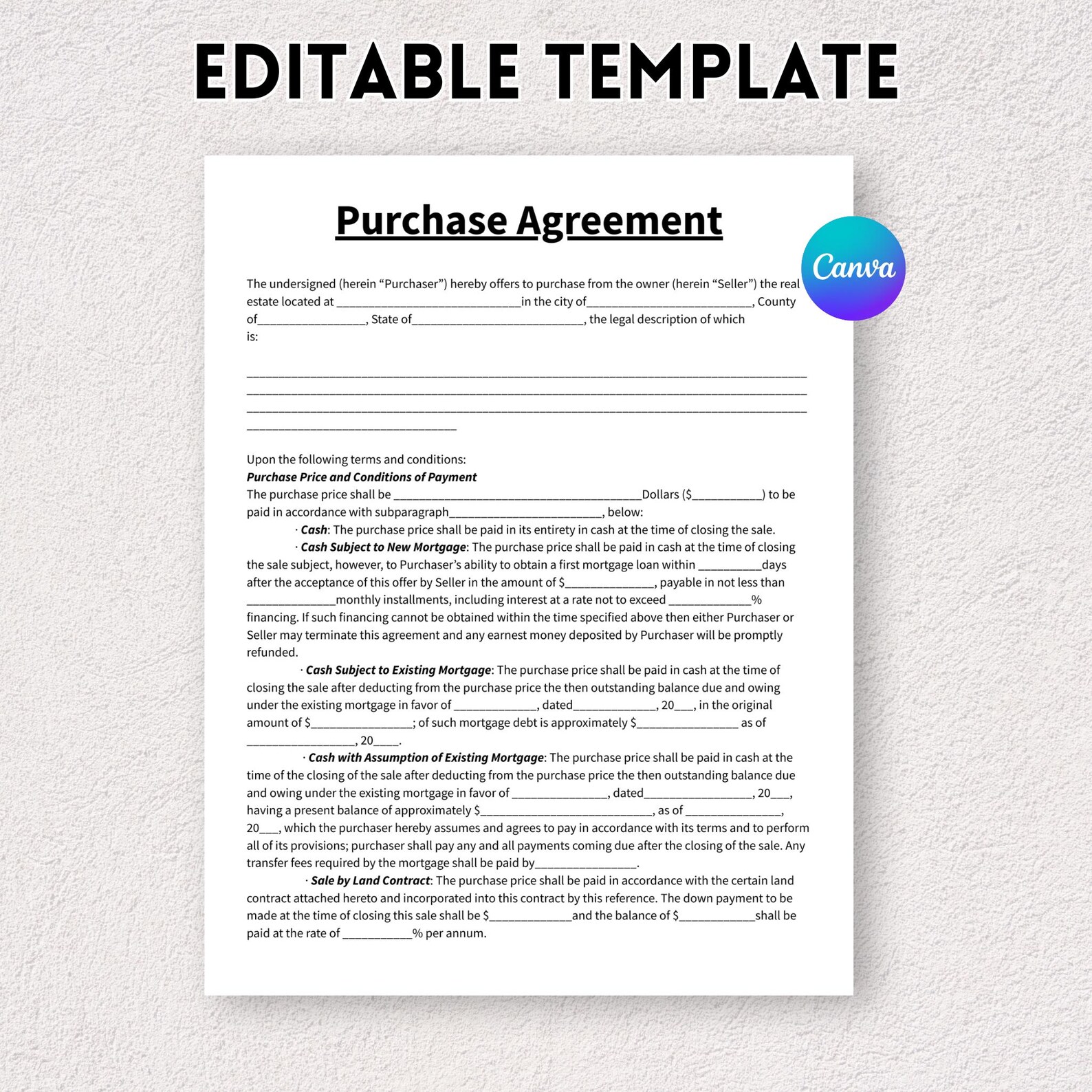 Printable Purchase Agreement Template, Editable Purchase and Sale ...
