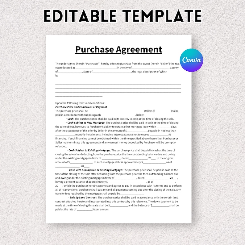 Printable Purchase Agreement Template, Editable Purchase and Sale ...