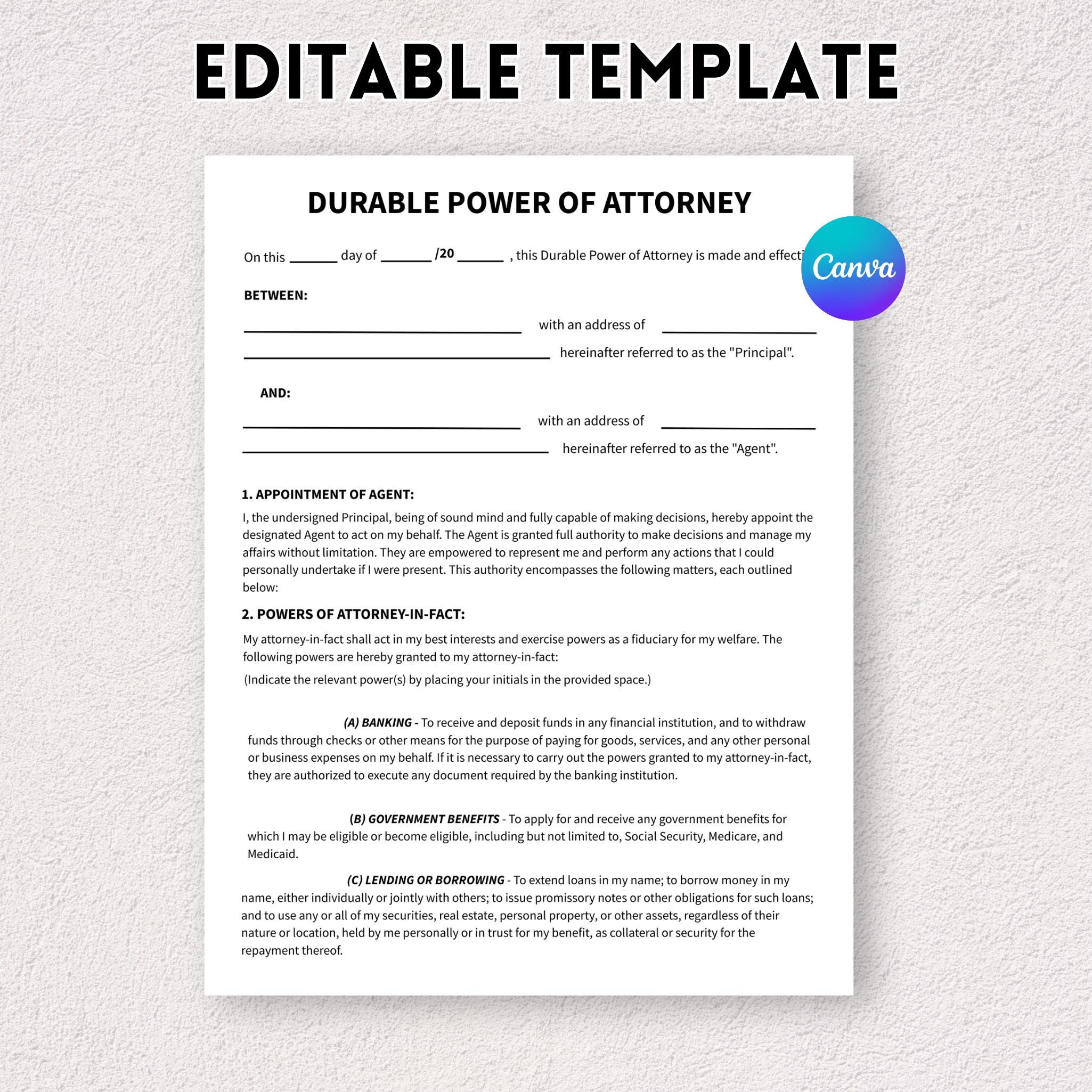 Printable Durable Power of Attorney Template, Durable Power of Attorney ...