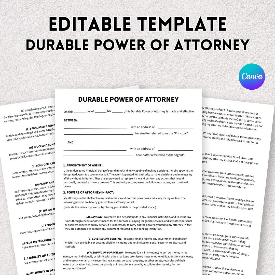 Printable Durable Power of Attorney Template, Durable Power of Attorney ...