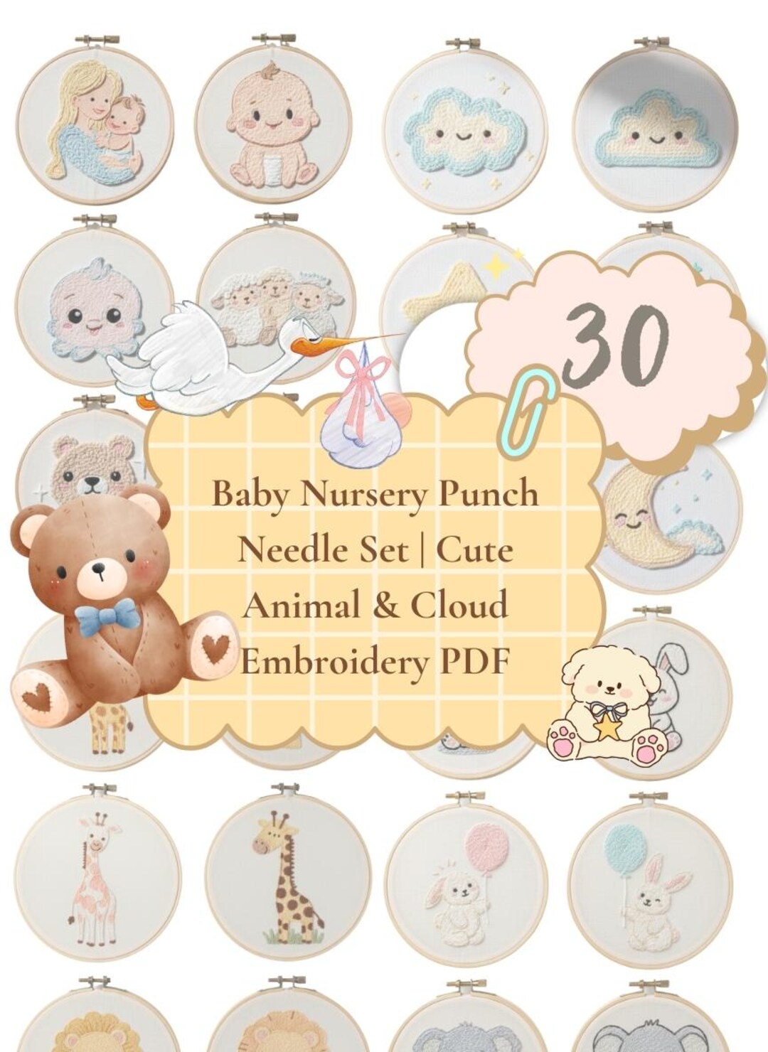 30 Baby Nursery Punch Needle Patterns | Cute Animal & Cloud Embroidery ...