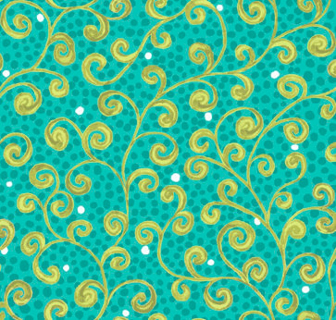 Aziza - Scrolls, Dark Aqua Background With Green Scrolls, Quilting ...