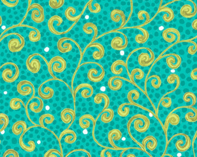 Aziza Scrolls, Dark Aqua Background With Green Scrolls, Quilting ...