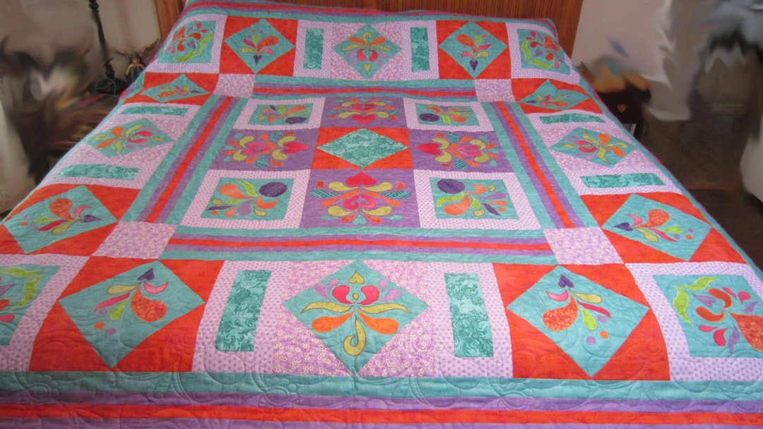 Mermaid Splash Quilt, 100% Cotton, Hand-made Quilt, 82" X 82" Bright ...