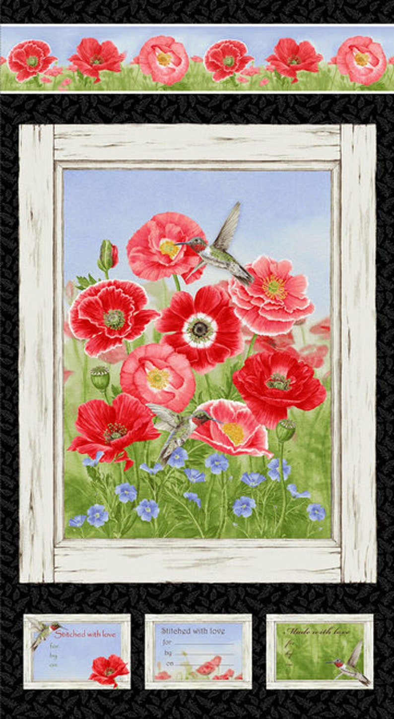 Henry Glass, Poppy Meadows, Hummingbird and Poppies Panel, Hummingbird ...