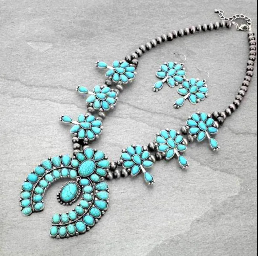 Full Squash Blossom Turquoise Necklace - Etsy