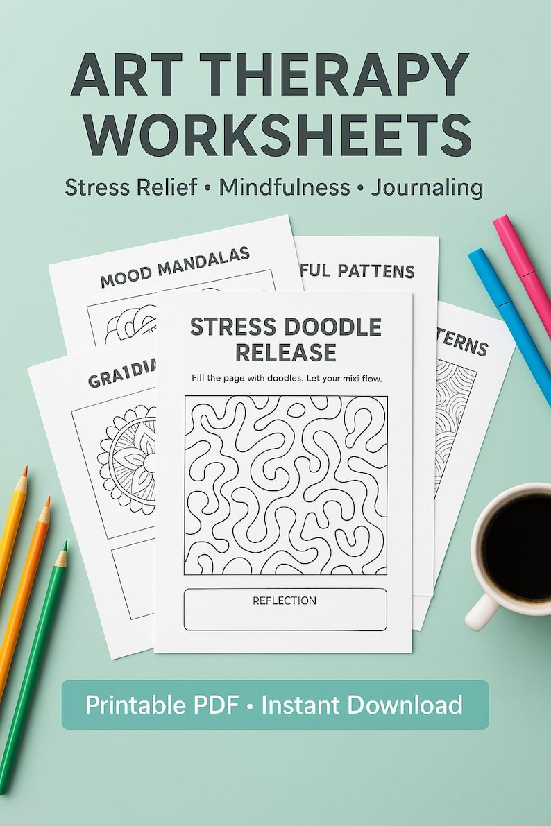 Art Therapy Worksheets: Stress Relief Coloring, Mindful Doodles (PDF ...